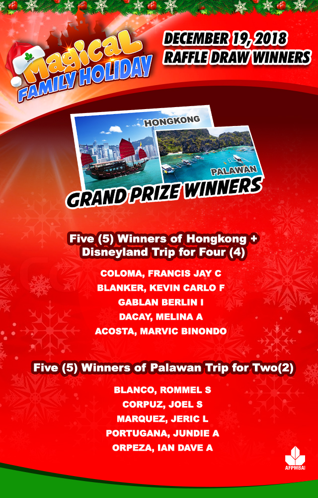 AFPMBAI Magical Family Holiday Raffle Winners - AFPMBAI
