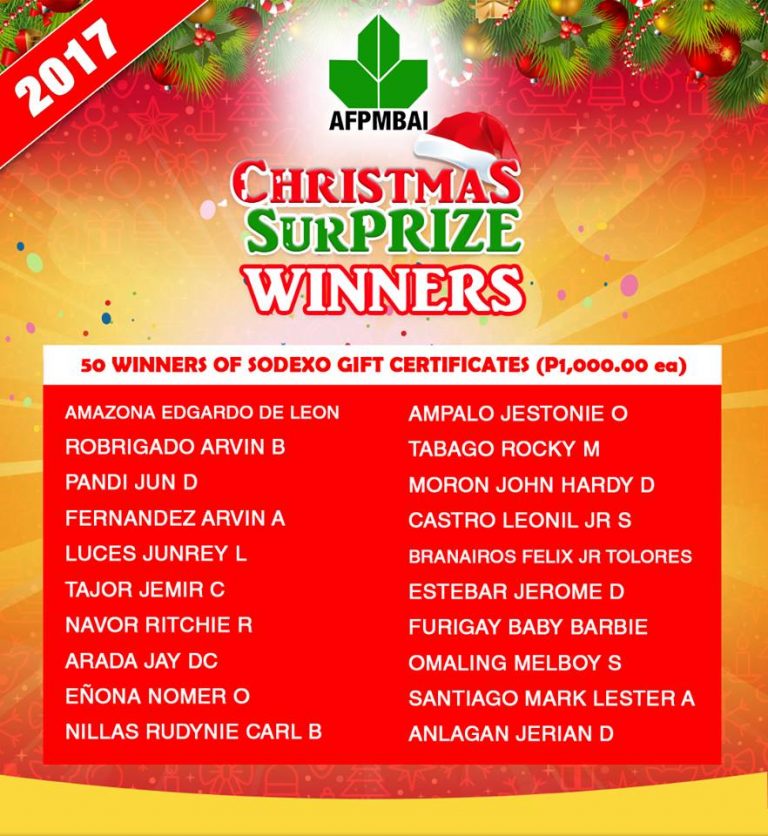 Christmas Surprise Raffle Winners - AFPMBAI