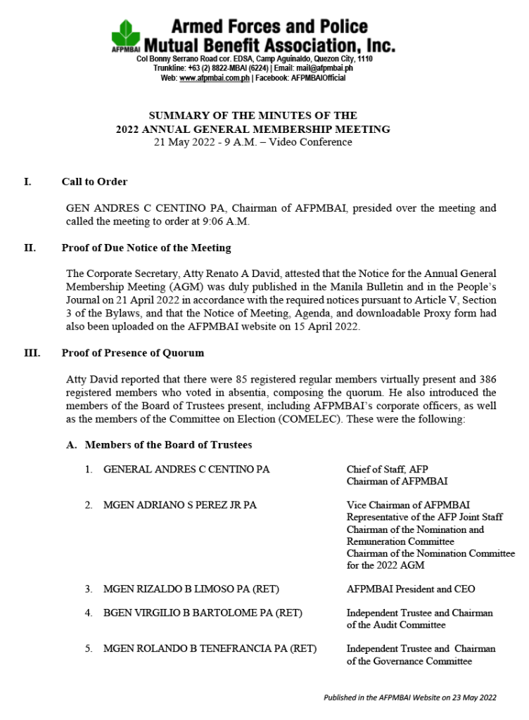 Summary of the Minutes of the 2022 Annual General Membership Meeting ...