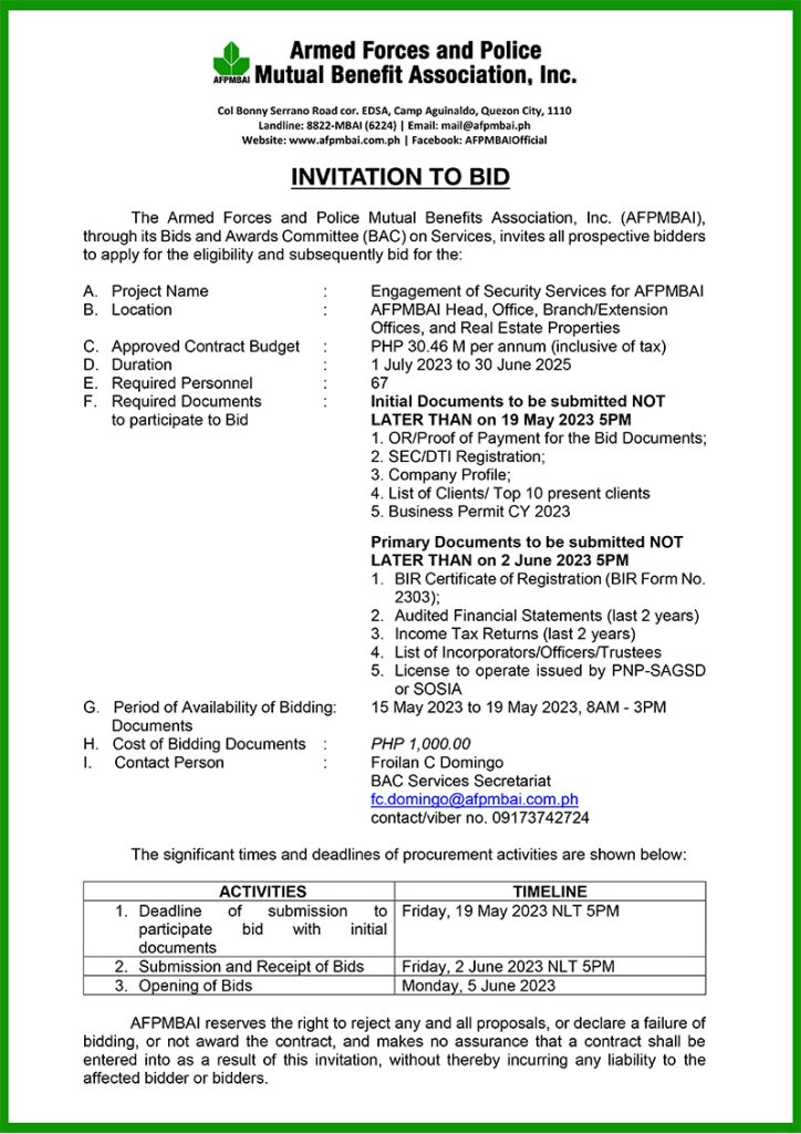 Invitation to Bid (ITB) of Security Services - AFPMBAI